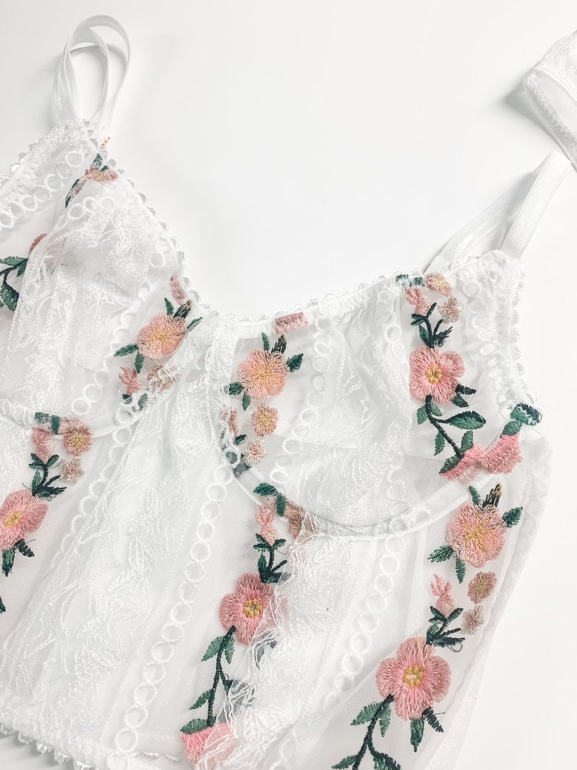 White floral embroidered longline bra boudoir lingerie | Etsy