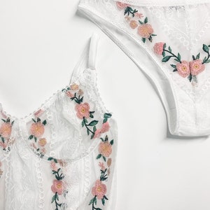 White Floral Embroidered Longline Bra, Boudoir Lingerie, Underwired Bra ...