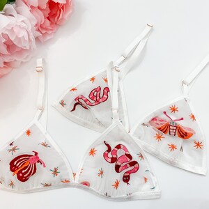 Embroidered Snake and Moth Lingerie Set, Triangle Bra, White Bralette ...