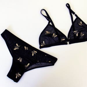 Embroidered Bee Lingerie Set, Triangle Bra, Bees, Black Bralette, Low ...