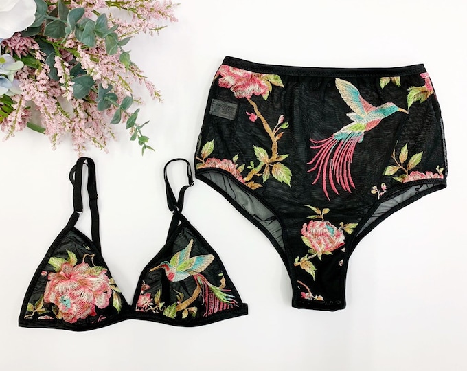 Embroidered Floral Lingerie Set Boudoir Lingerie Black Bralette High Waist Panties Embroidery