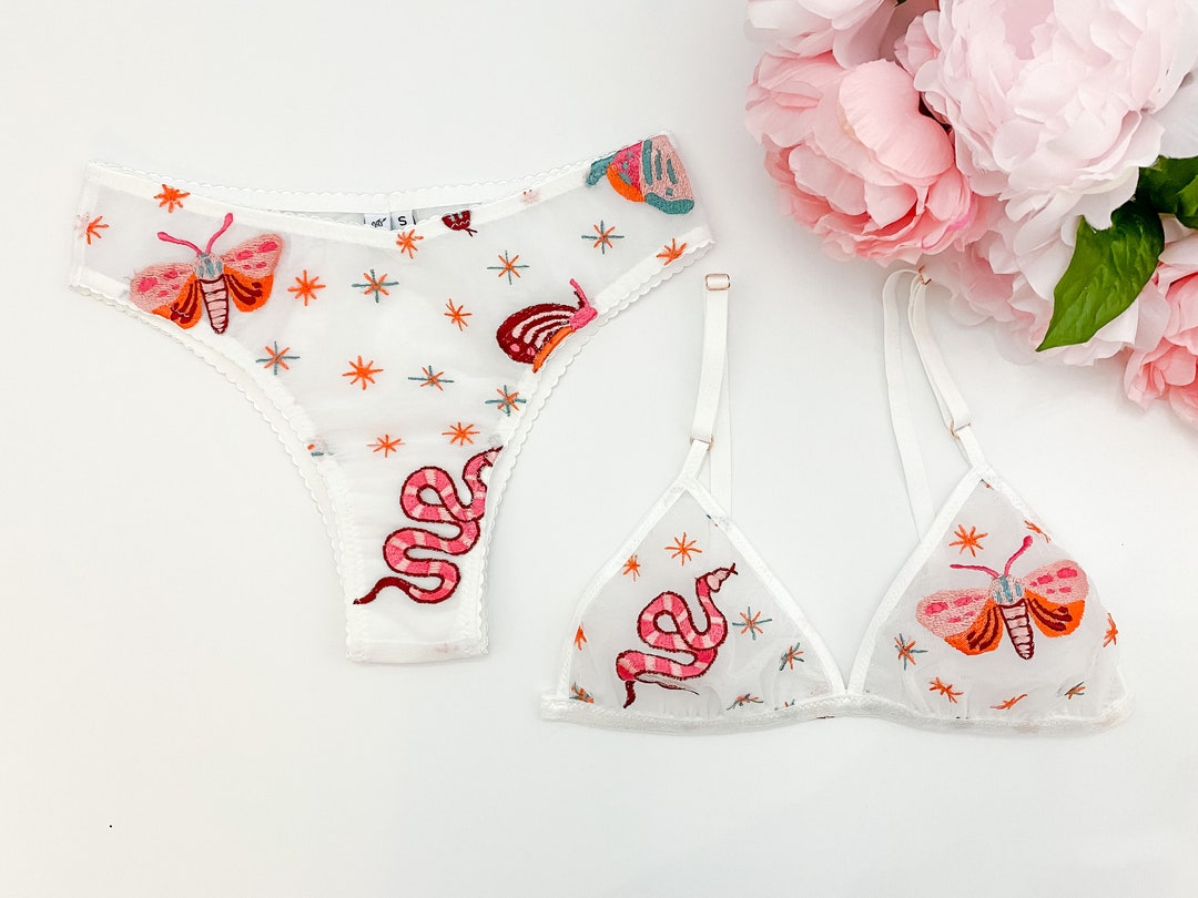 Embroidered Snake and Moth Lingerie Set, Triangle Bra, White Bralette ...