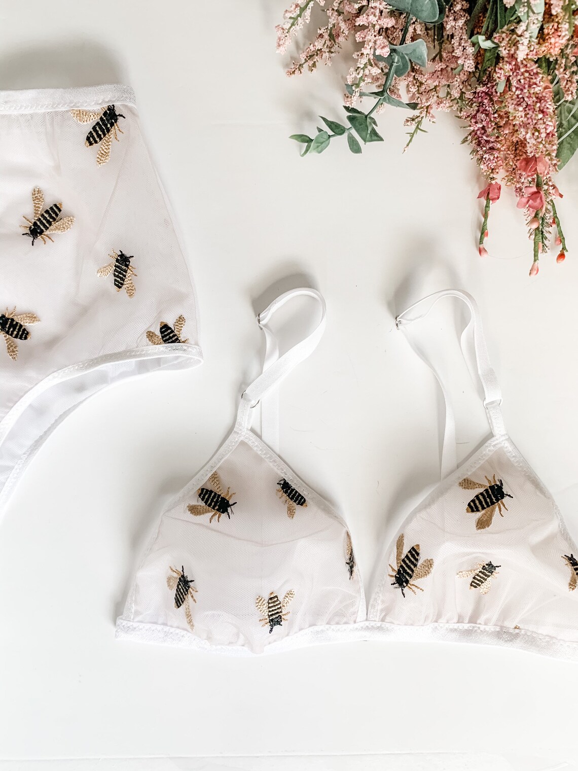 Embroidered Bee Lingerie Set, Triangle Bra, Bees, White Bralette, High ...