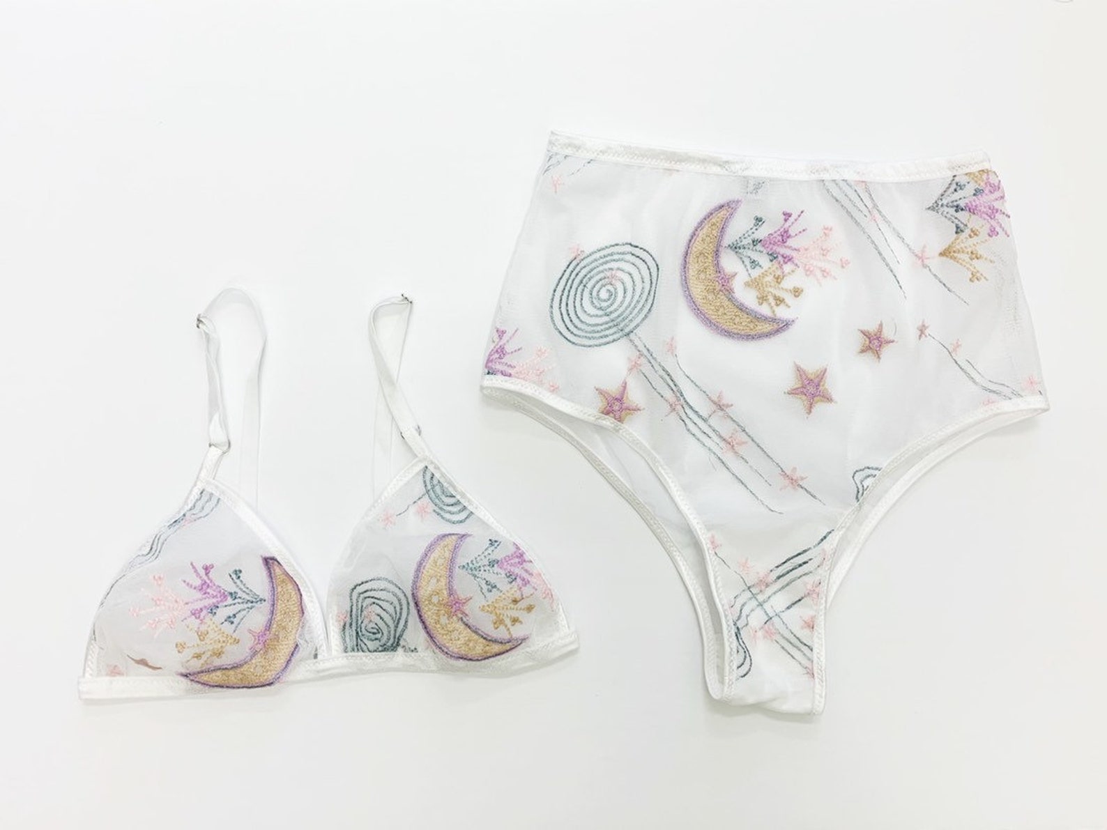 Embroidered Moon and Starburst Lingerie Set Brazilian Panty | Etsy