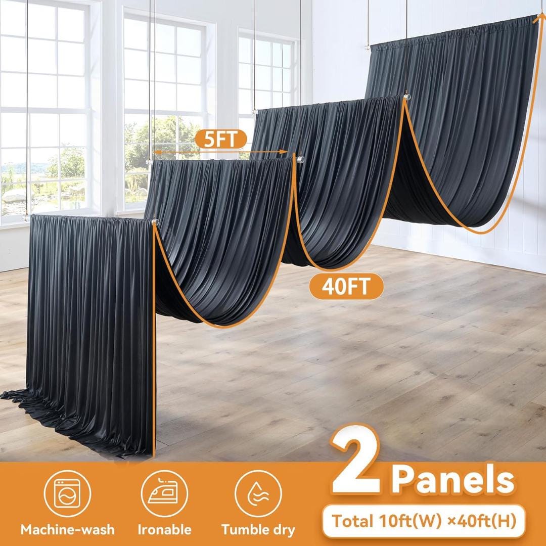 BLACK - 5' X 40 Ft Ceiling Drapes for Wedding Parties, Wrinkle Free ...