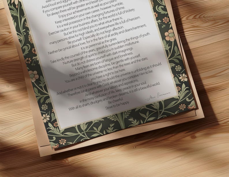 Desiderata Poem Print, Green Floral William Morris Print, Poem Print ...