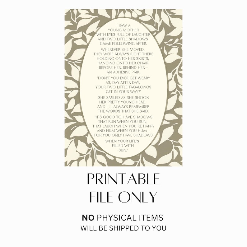 Two Little Shadows Poem Digital Print, Poem for Mothers, Motherhood ...