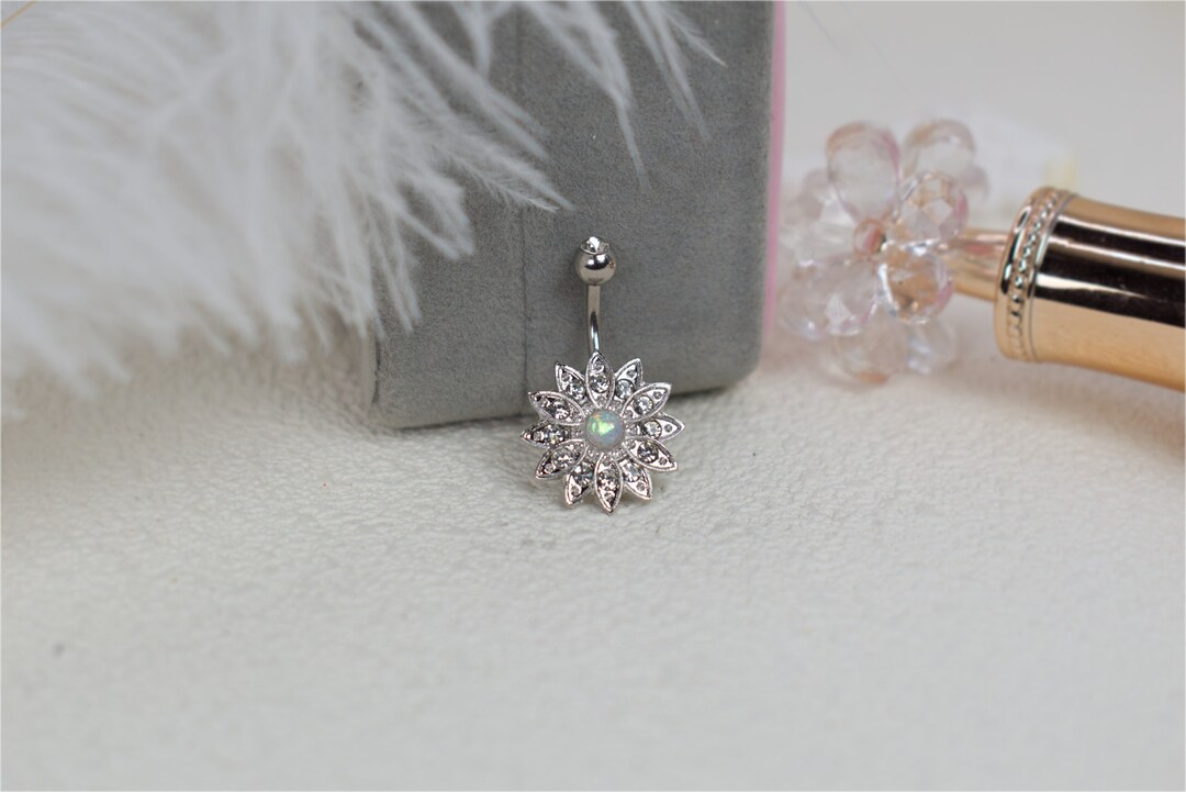 Flower Belly Button Rings - Belly Ring Silver -14G 316L Stainless Steel Crystal Belly Button ...