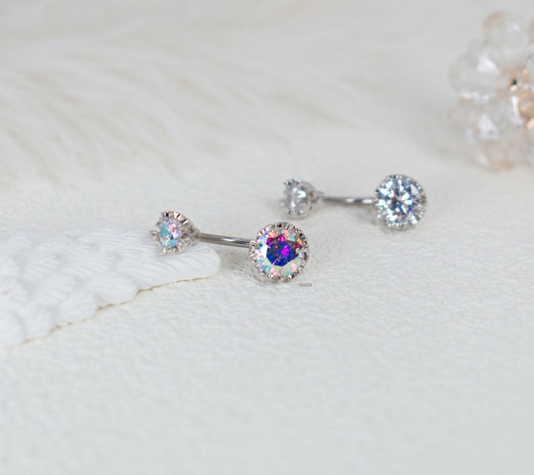 Belly Button Rings - 14G 316L Stainless Steel Crystal Belly Button Ring - Silver Belly Button ...