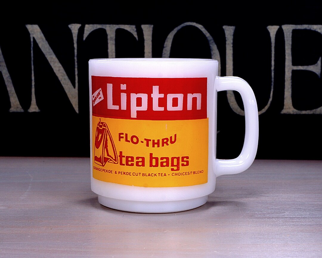 Lipton Tea Advertising Mug, Red and Yellow Enamel Over White Milk Glass ...