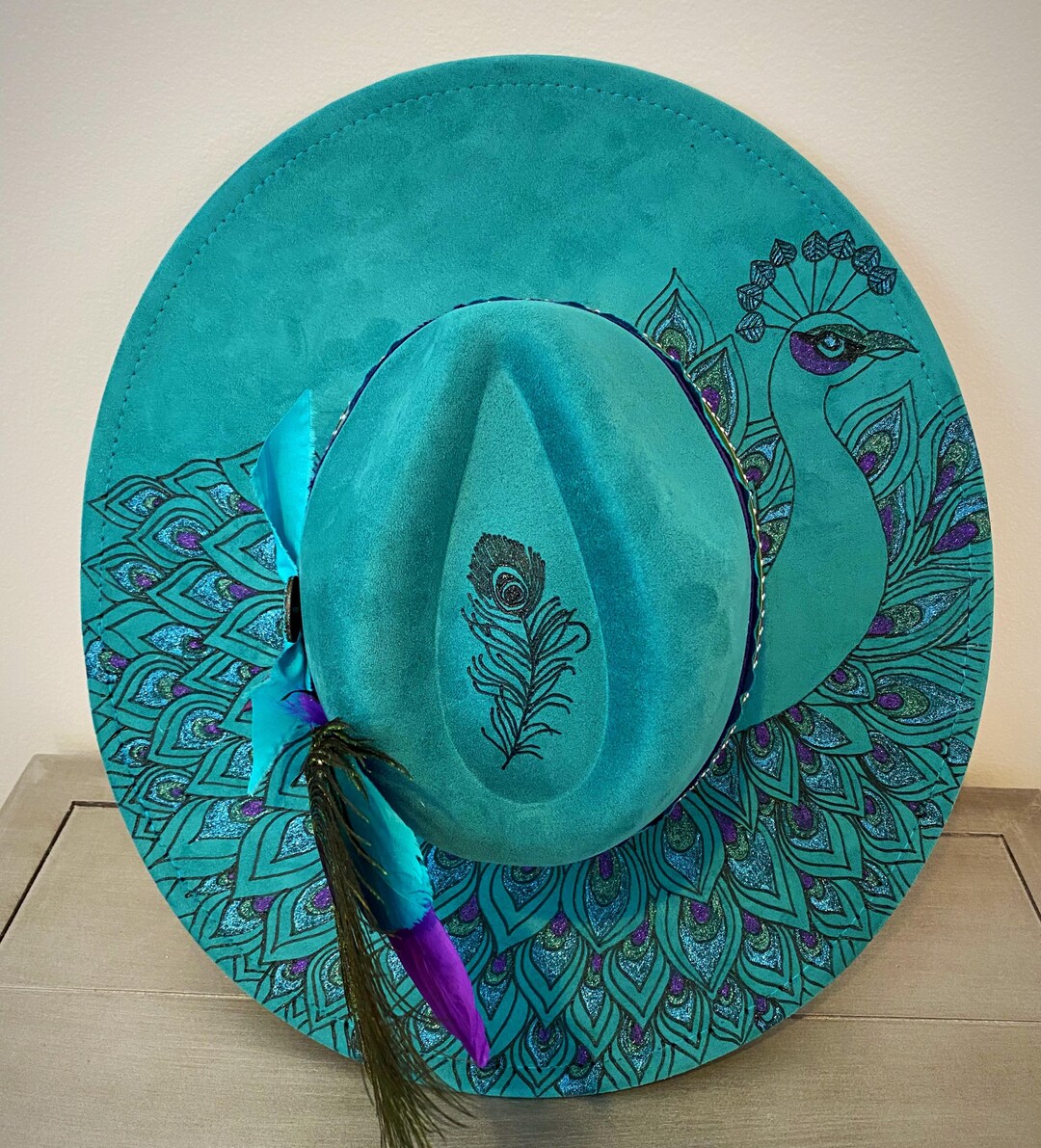 Peacock Fedora,teal Fedora,peacock Hat,teal Hat,hand Burned Hat,boho ...