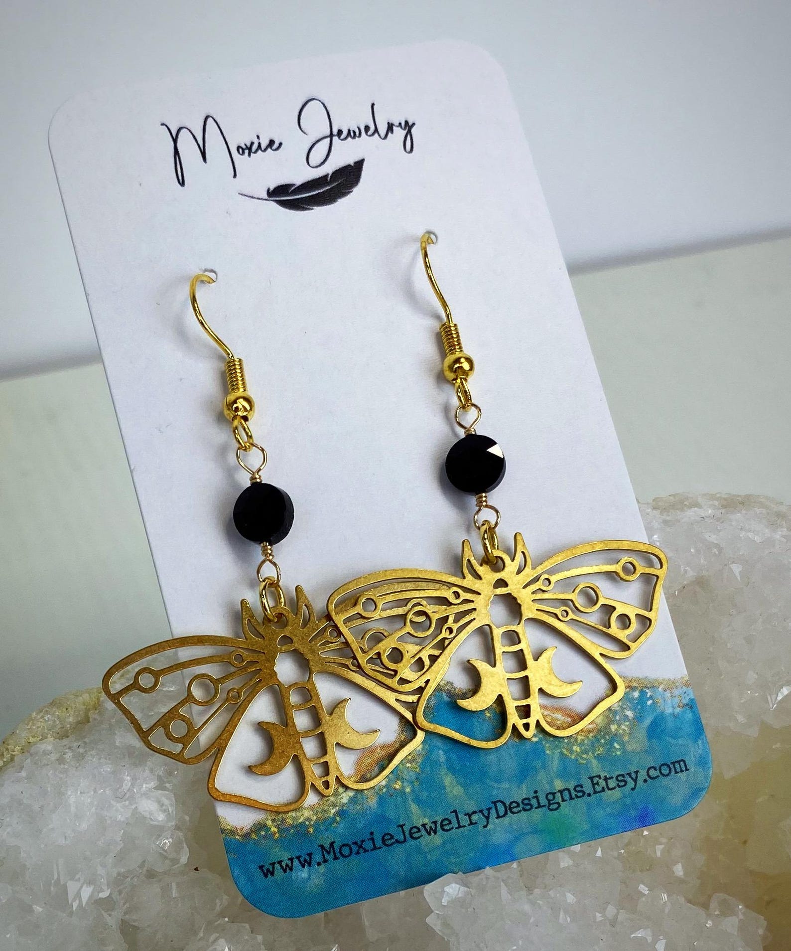 Gold Moth Earrings,moth Black Onyx Earrings,handmade Earrings,gold Boho ...