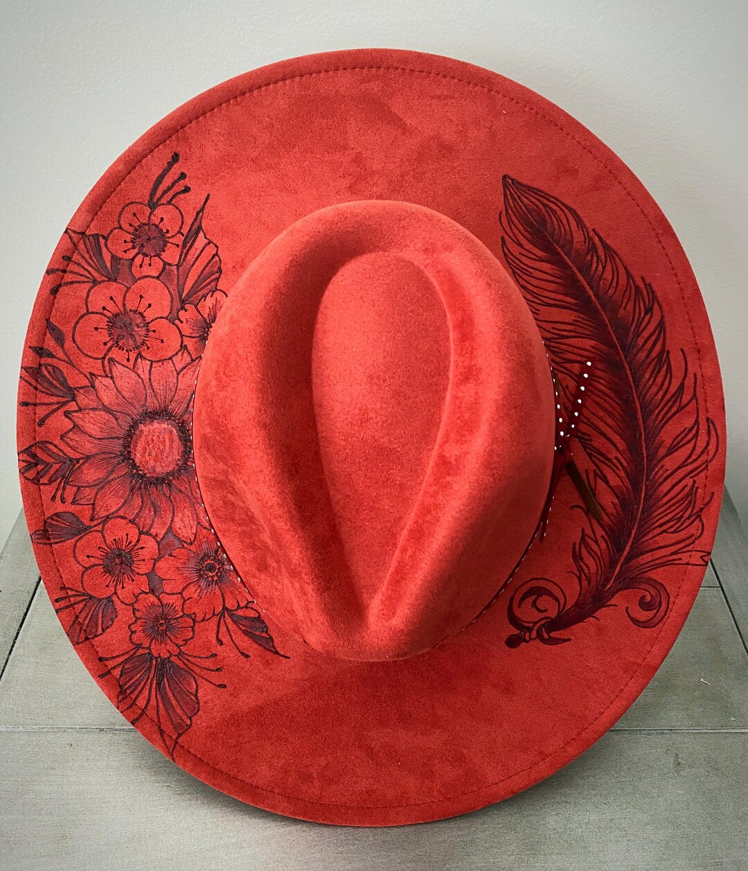 Rust Flowers and Feathers Hat,wide Brim Fedora,cowgirl Hat,rust Wide ...