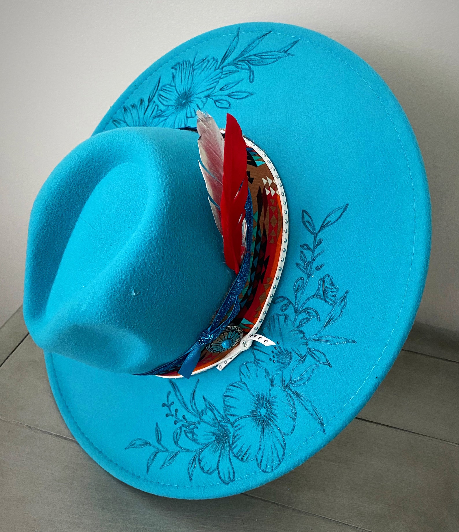 Turquoise Fedora,turquoise Wide Brim Hat,boho Hat,flowers and Leaves ...