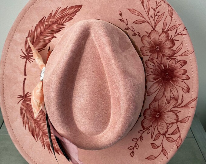 Dusty Pink Floral Fedora,pink Fedora,hand Burned Hat,burned Hat for ...