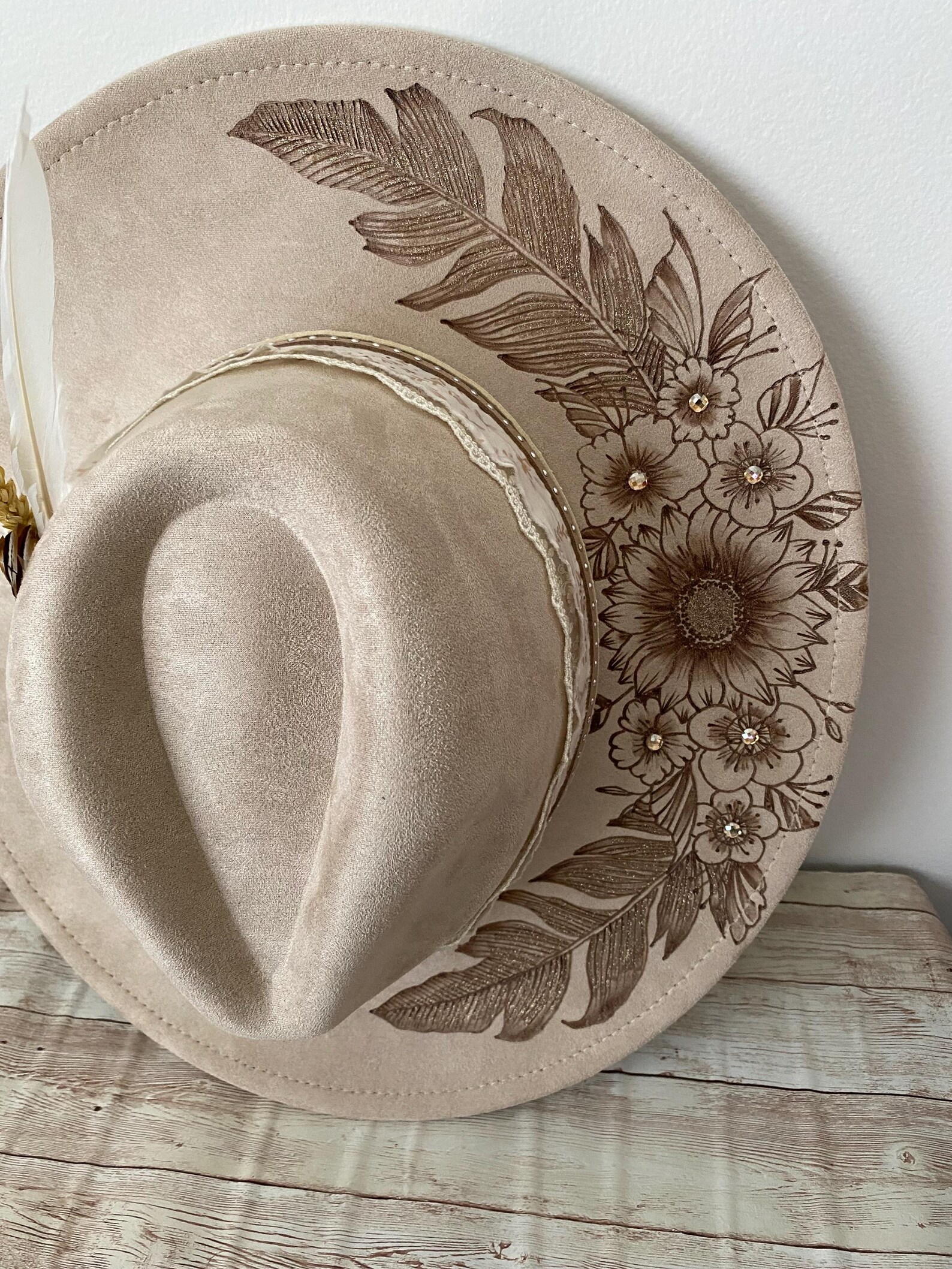 Flowers and Feathers Burned Hat,engraved Fedora,pyrography,western Hat ...