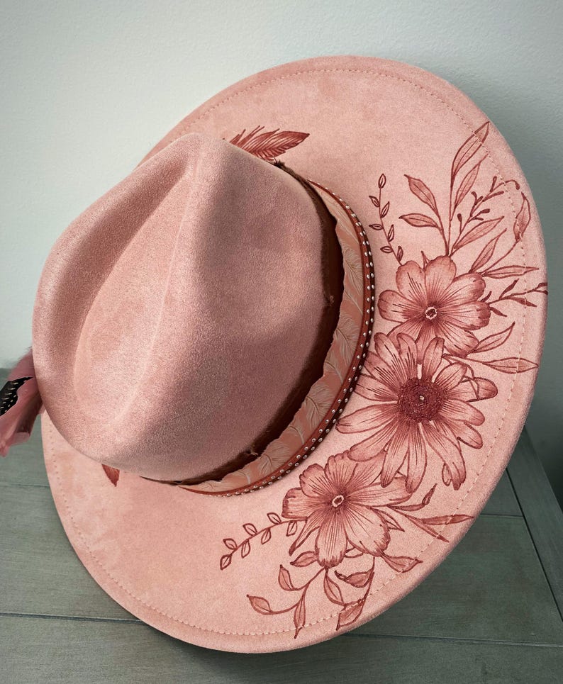 Dusty Pink Floral Fedora,pink Fedora,hand Burned Hat,burned Hat for ...