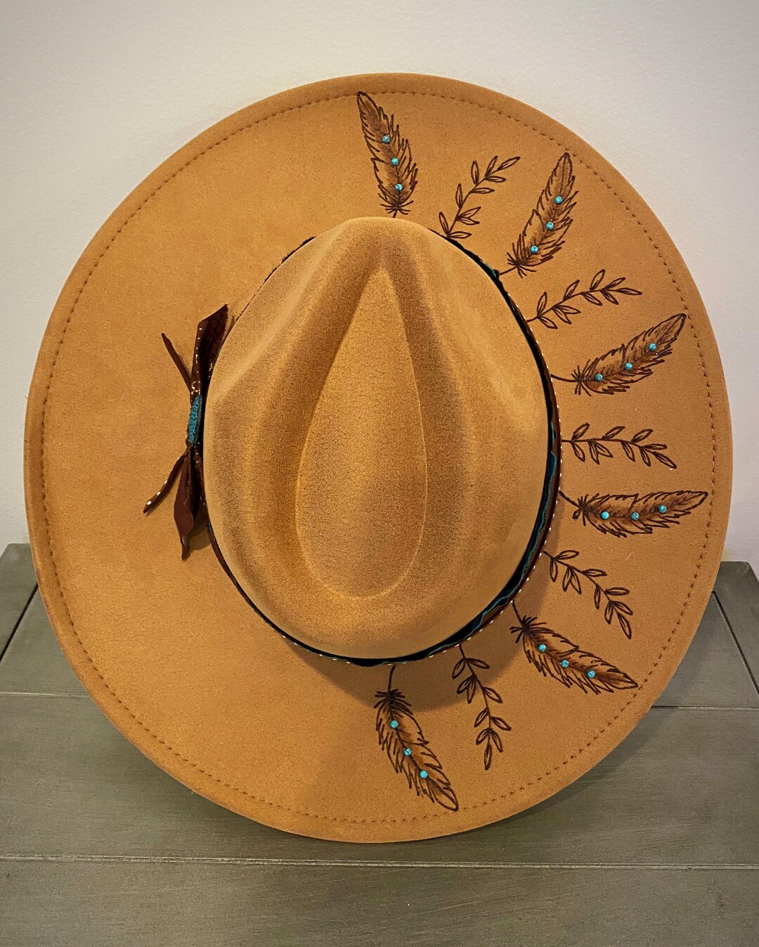 Feather and Leaves Fedora,camel Brown Fedora,fedora With Turquoise ...