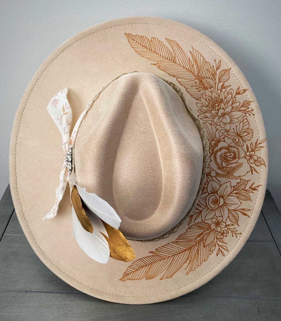Cream Floral Burned Fedora: Boho Wedding Hat - Etsy