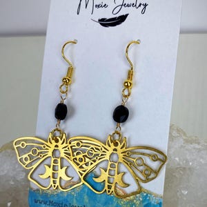 Gold Moth Earrings,moth Black Onyx Earrings,handmade Earrings,gold Boho ...
