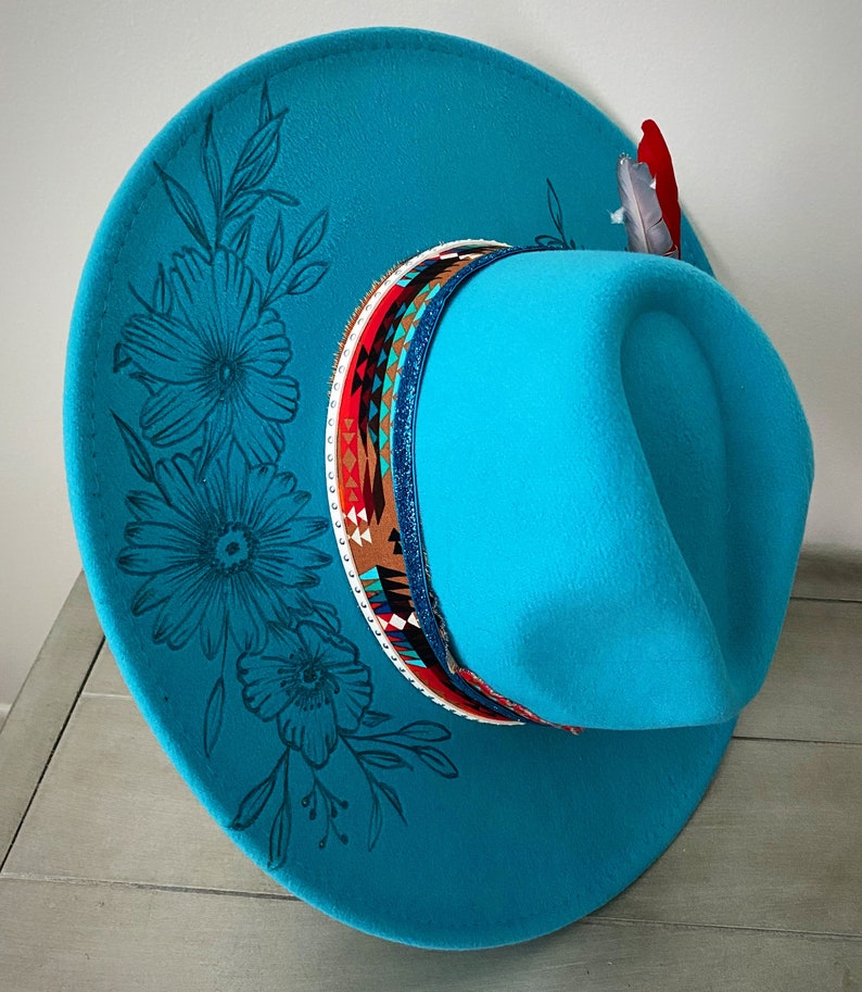 Turquoise Fedora,turquoise Wide Brim Hat,boho Hat,flowers and Leaves,southwestern Hat,cowboy Hat ...