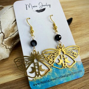 Gold Moth Earrings,moth Black Onyx Earrings,handmade Earrings,gold Boho ...