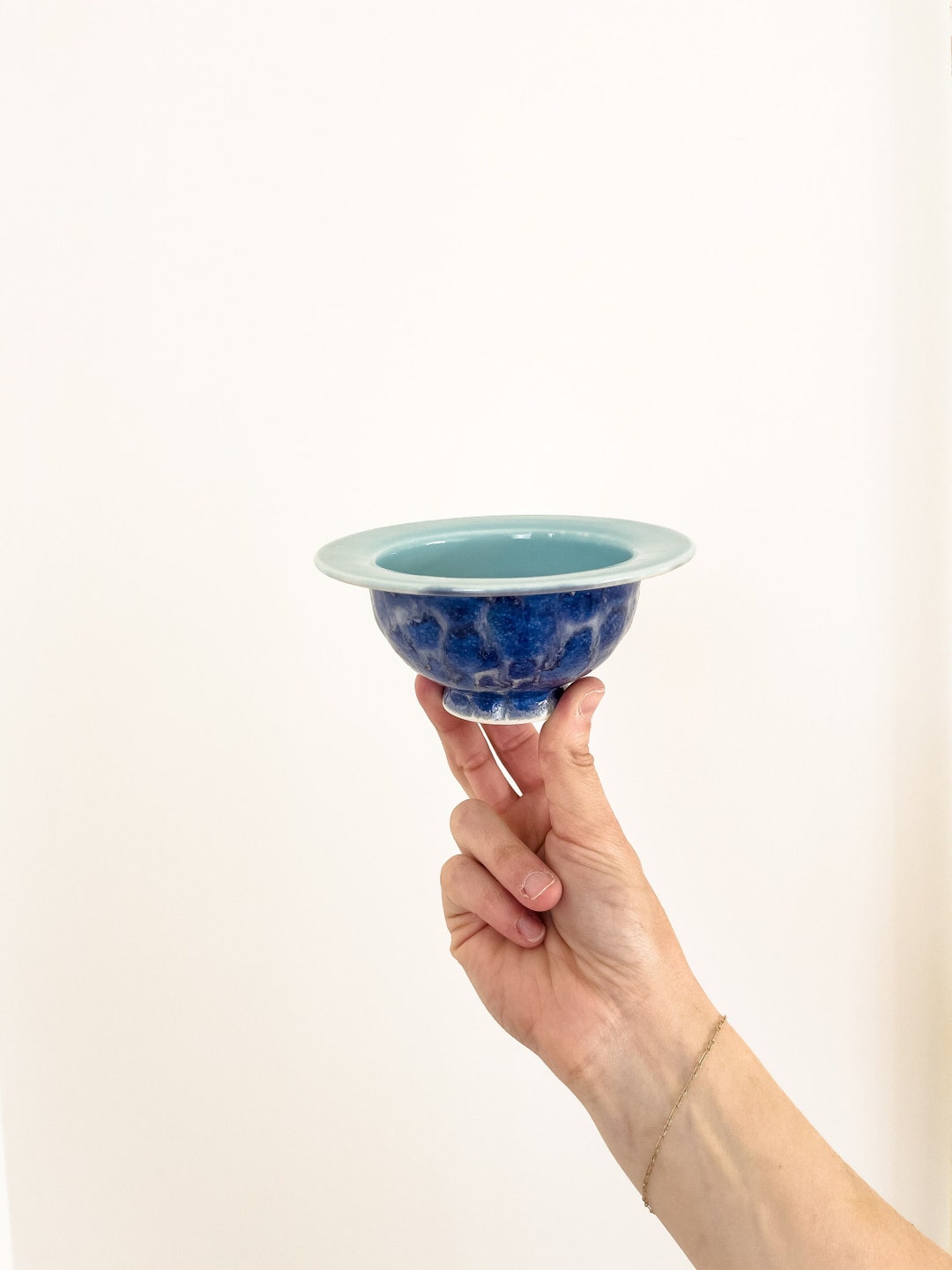 Handmade Bowl - Modern Porcelain Bowl With Drippy Blue Spots & Light ...