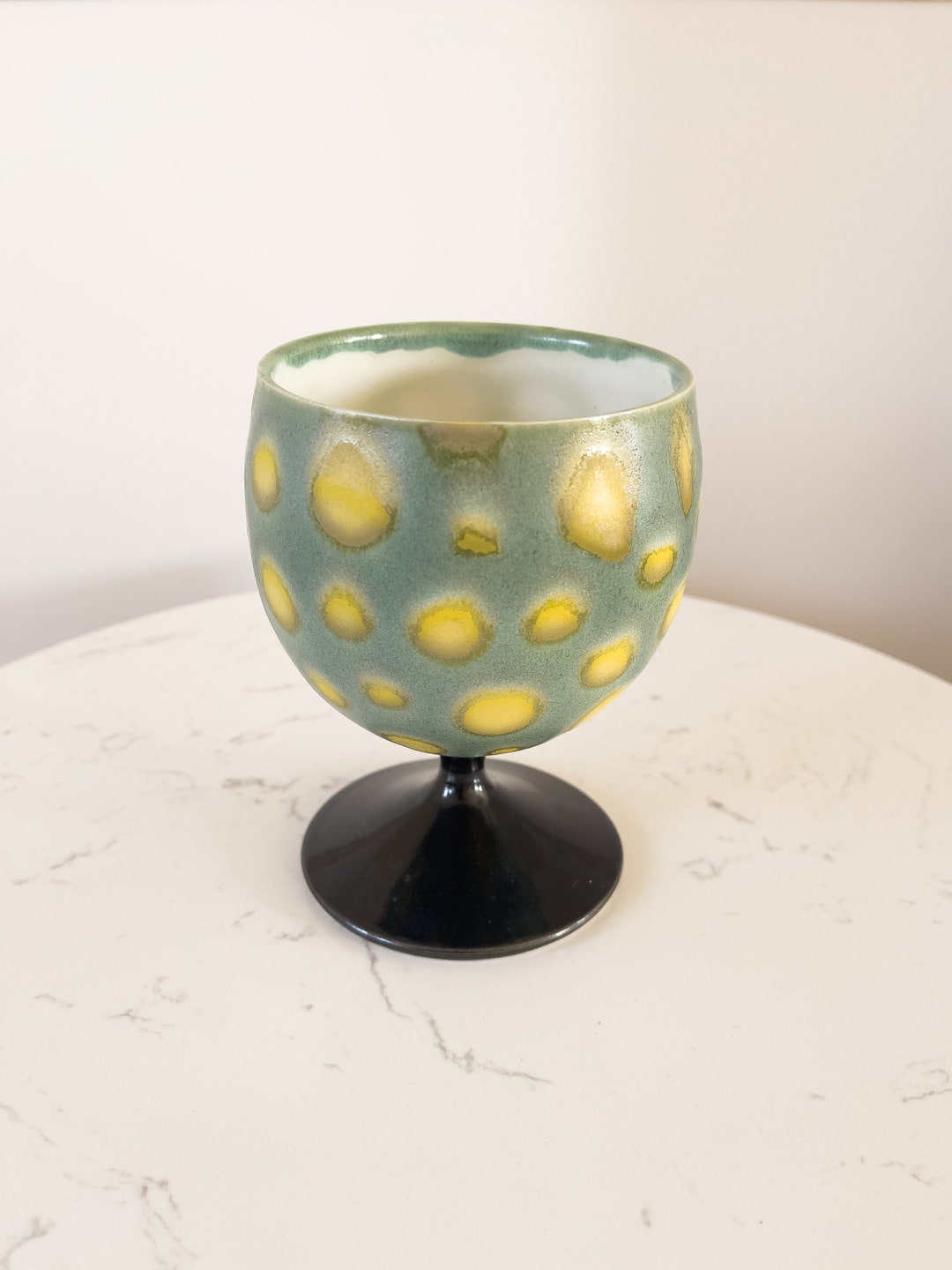 Wine Goblet, Handmade Green Porcelain Goblet Cup With Yellow Spots ...