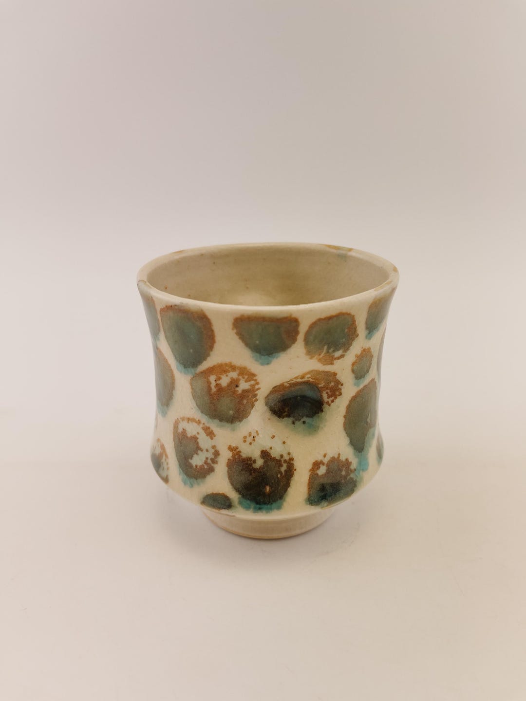 Handmade Ceramic Yunomi Tea Cup: Earthy Beige With Blue & Orange Spots ...
