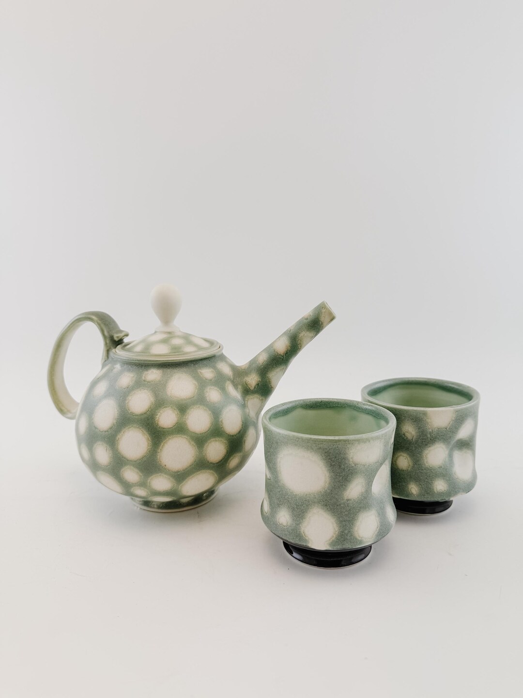 Handmade Teapot Set - Wheel Thrown Green and White Spotted Tea Pot With ...