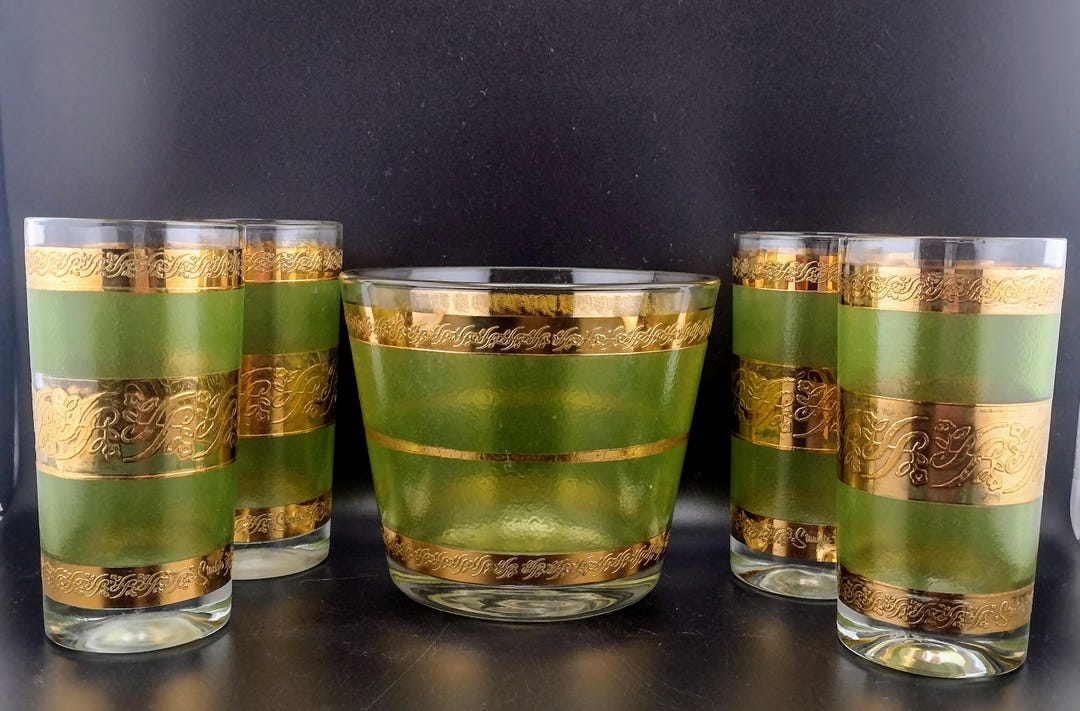 Starlyte Green & Gold High Ball Glasses, Set of 4 With Ice Bucket - Etsy