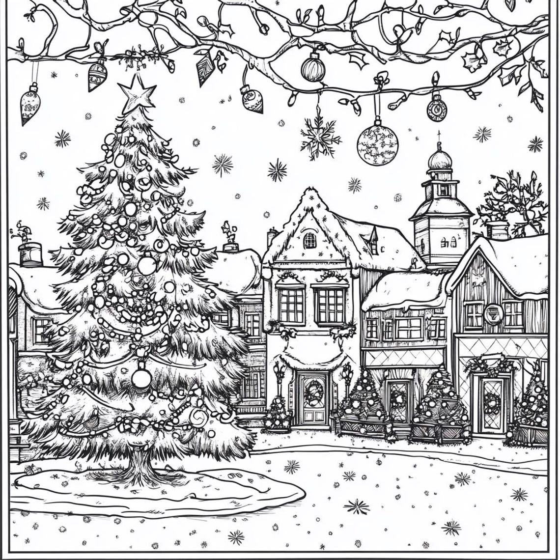 5 Christmas Coloring Pages. Featuring Festive Town Square With a ...