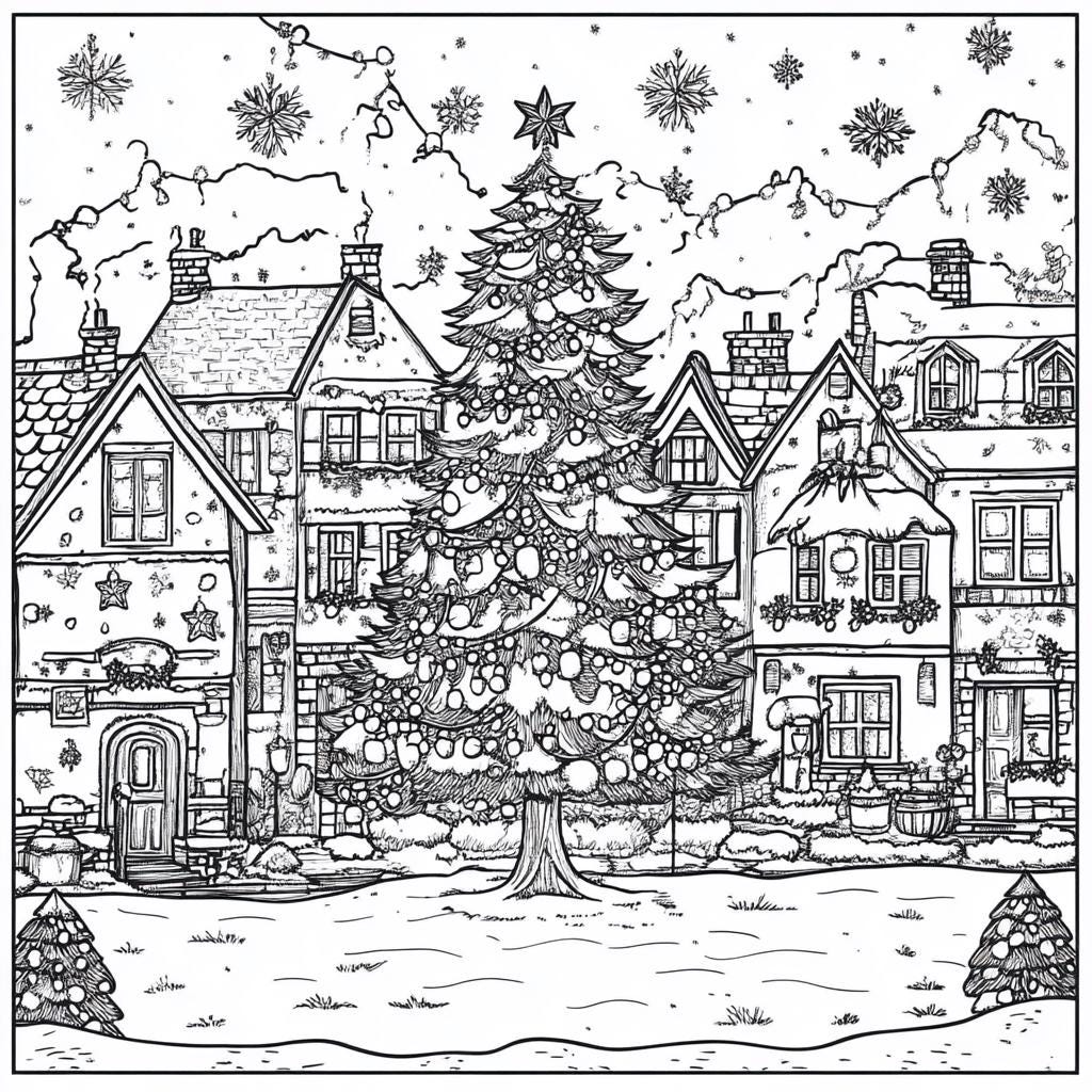 5 Christmas Coloring Pages. Featuring Festive Town Square With a ...