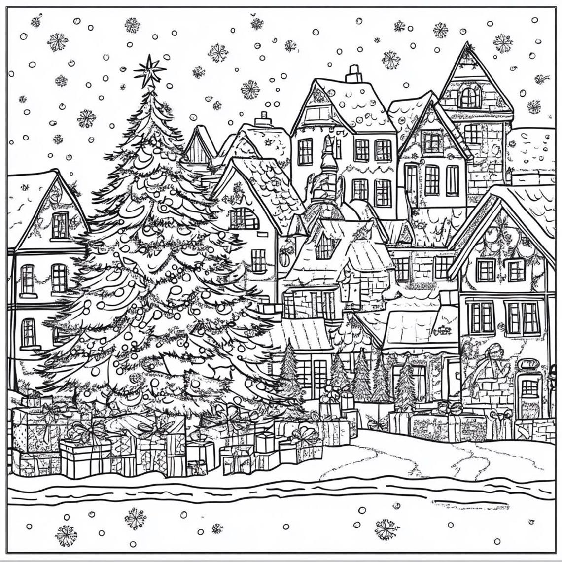 5 Christmas Coloring Pages. Featuring Festive Town Square With a ...