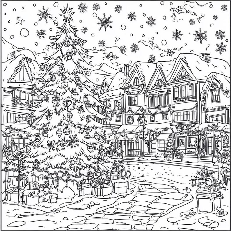 5 Christmas Coloring Pages. Featuring Festive Town Square With a ...