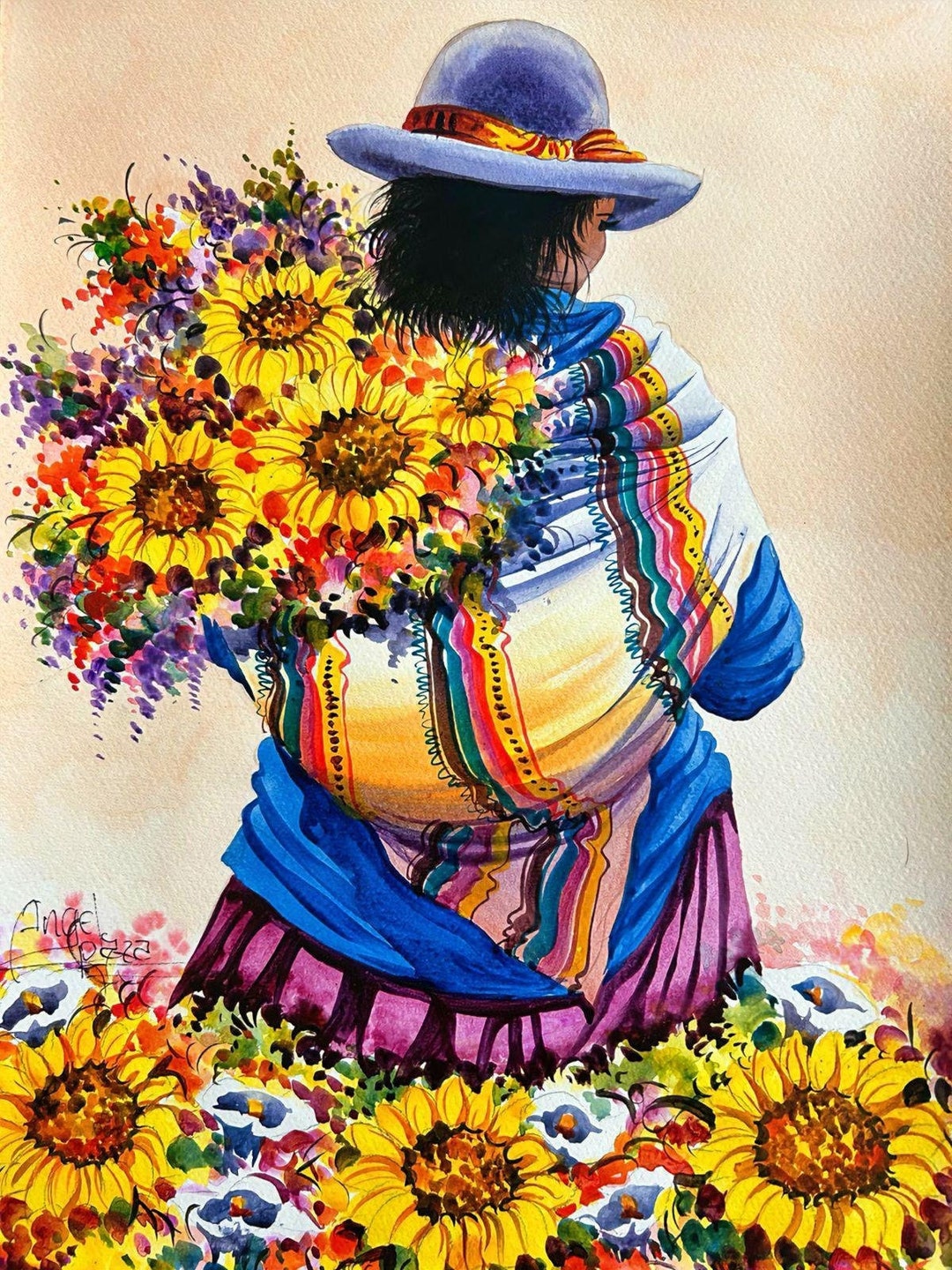 Beautiful Painting of a Girl Collecting Flowers in Her Lliclla ...