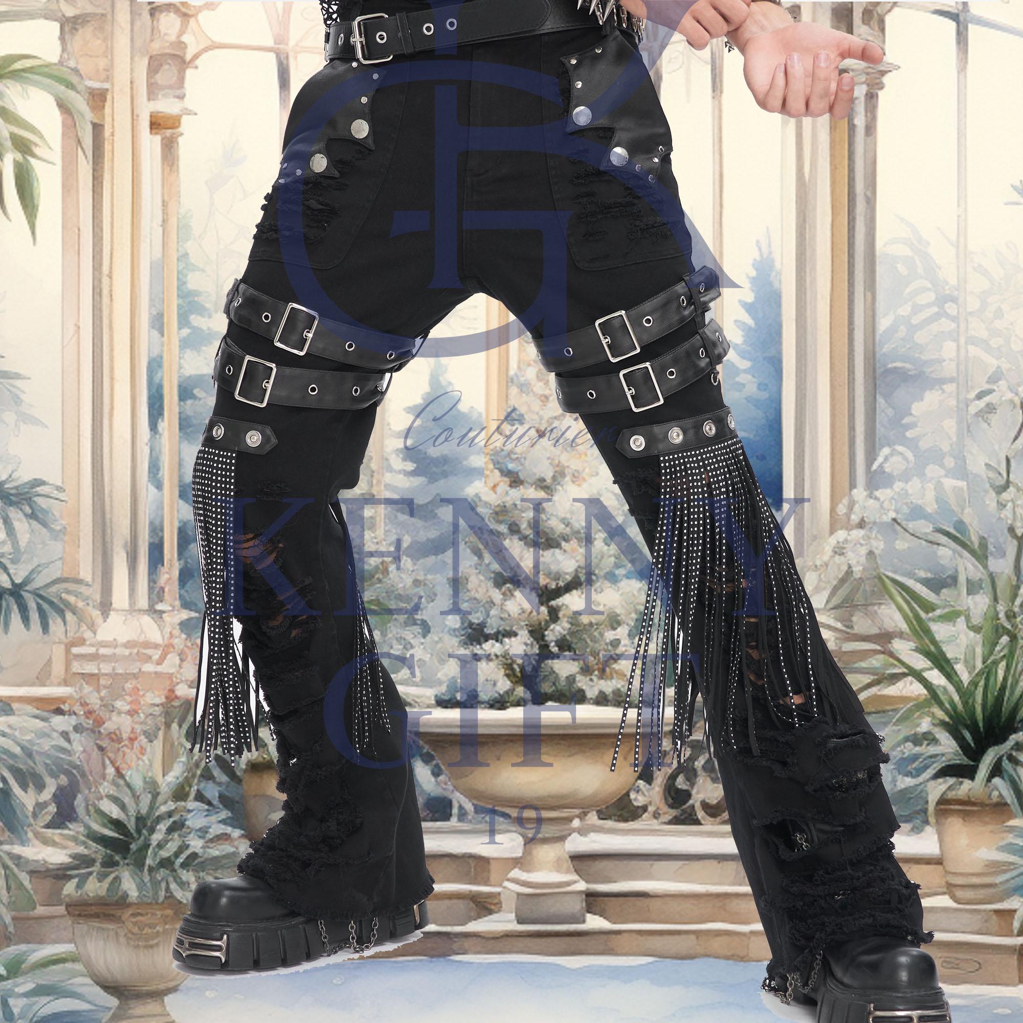 Steampunk Ripped Cowboy Gothic Men's Black Pants, Men Black Trousers ...