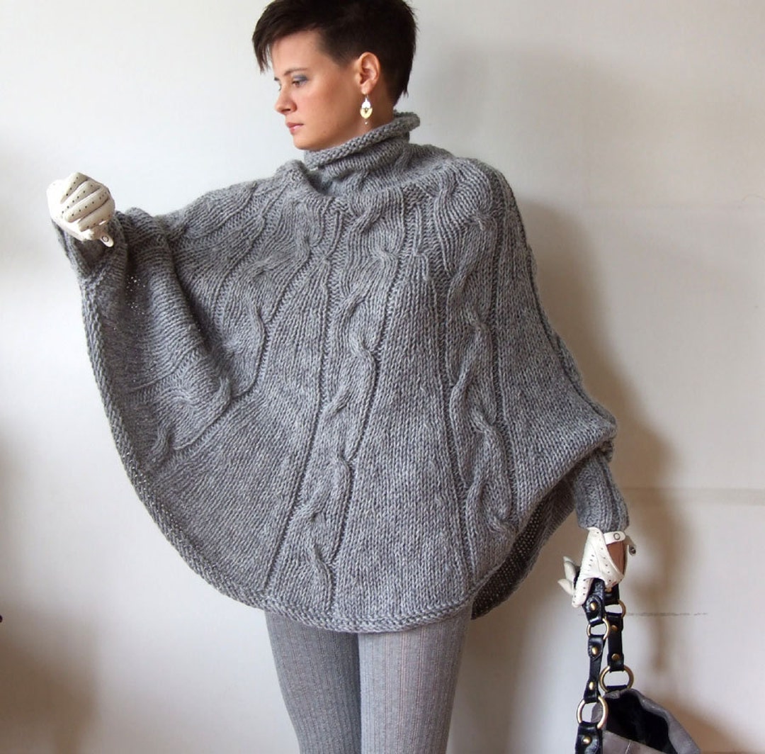 Hand Knitted Poncho Braided Cape Sweater, Fall Cabled Poncho, Avant ...