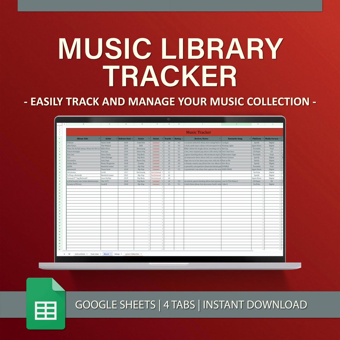 Music Library Tracker for Google Sheets - Crimson Steel, Easy to Use ...