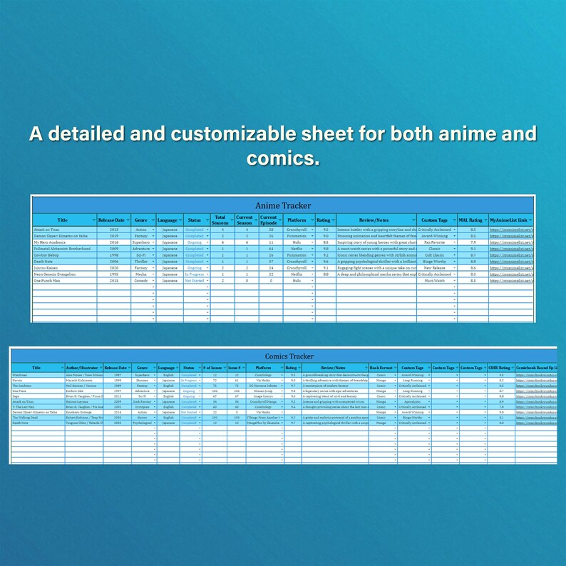 Anime & Comic Library Tracker for Google Sheets - Arctic Sky, Easy to ...