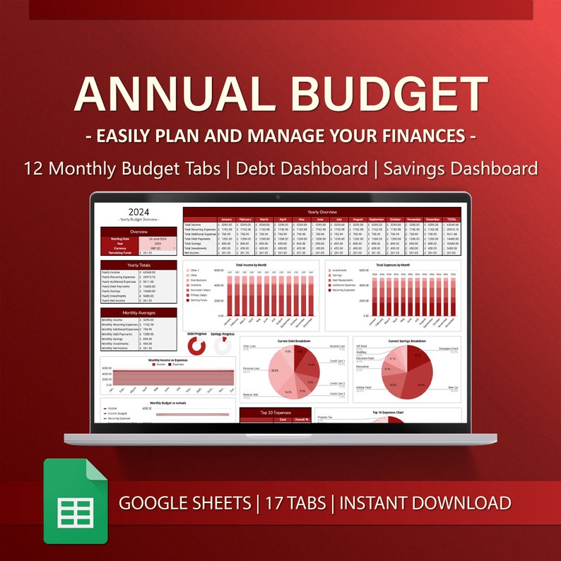 Annual Budget Planner for Google Sheets - Crimson Elegance, All ...