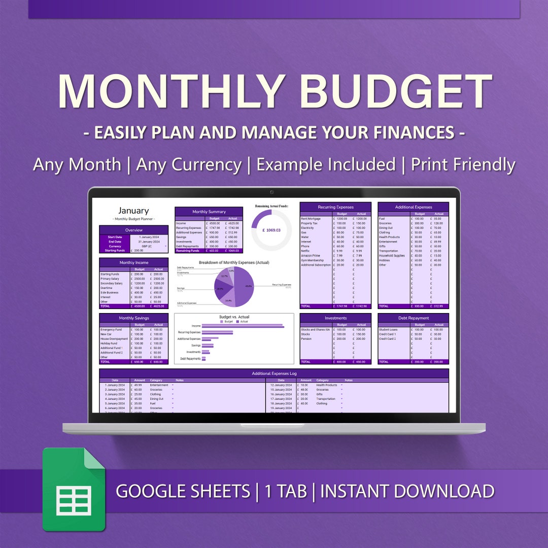 Monthly Budget Planner for Google Sheets - Violet Night, All Currencies ...