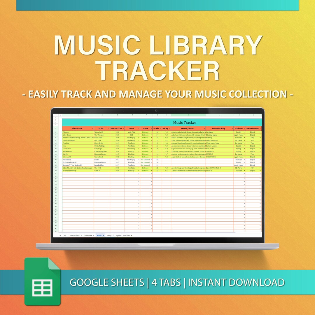 Music Library Tracker for Google Sheets - Tropical Breeze, Easy to Use ...