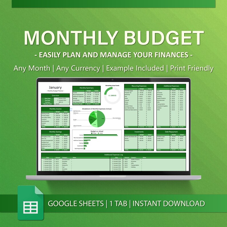 Monthly Budget Planner for Google Sheets - Emerald Forest , All ...