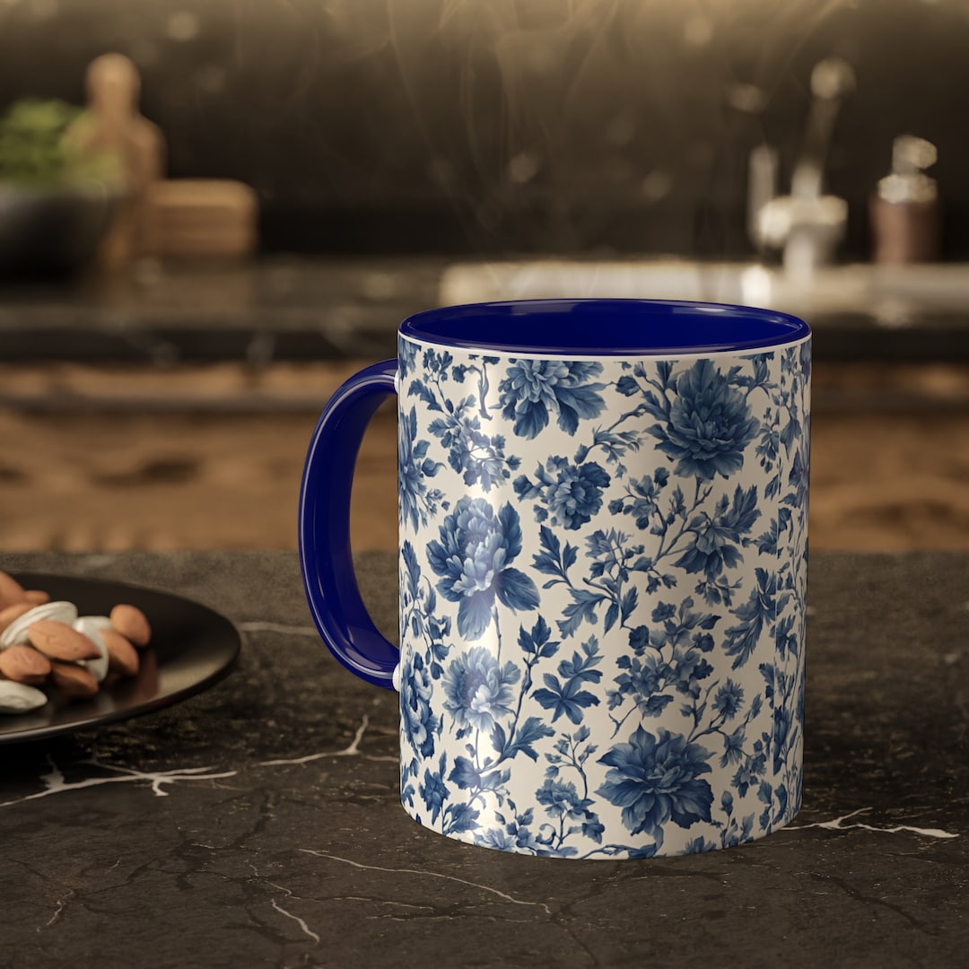 Blue Floral Pattern Toile Mug, Colorful Mugs, 11oz - Etsy