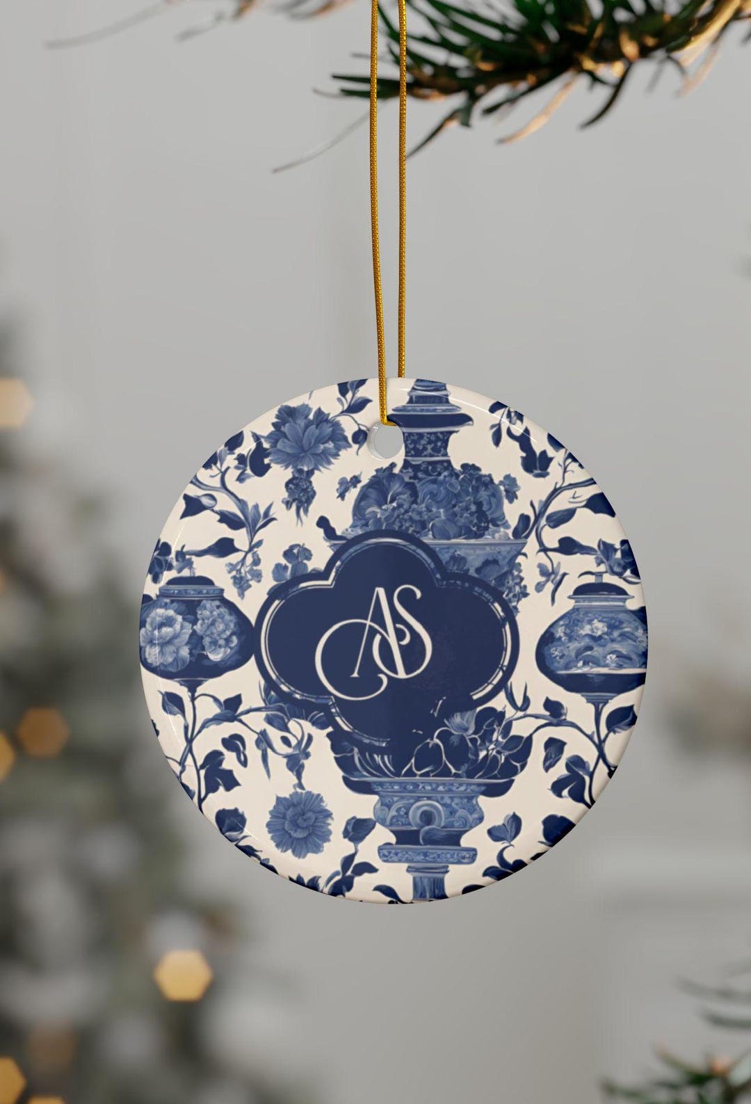 Personalized Blue Chinoiserie Monogram Ornament, Grand Millenial Gift ...