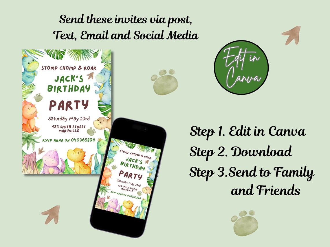 Dinosaur Birthday Invitation Template Printable and Digital Editable ...