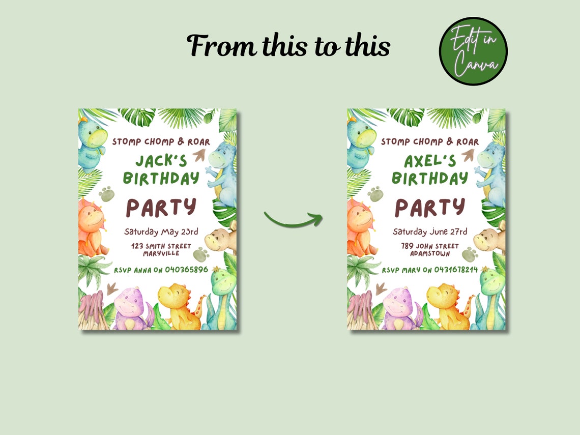 Dinosaur Birthday Invitation Template Printable and Digital Editable ...