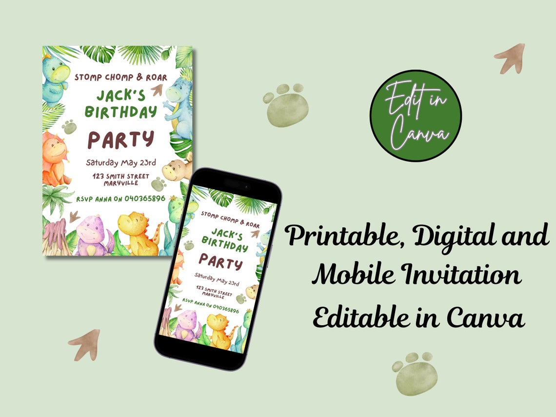 Dinosaur Birthday Invitation Template Printable and Digital Editable ...