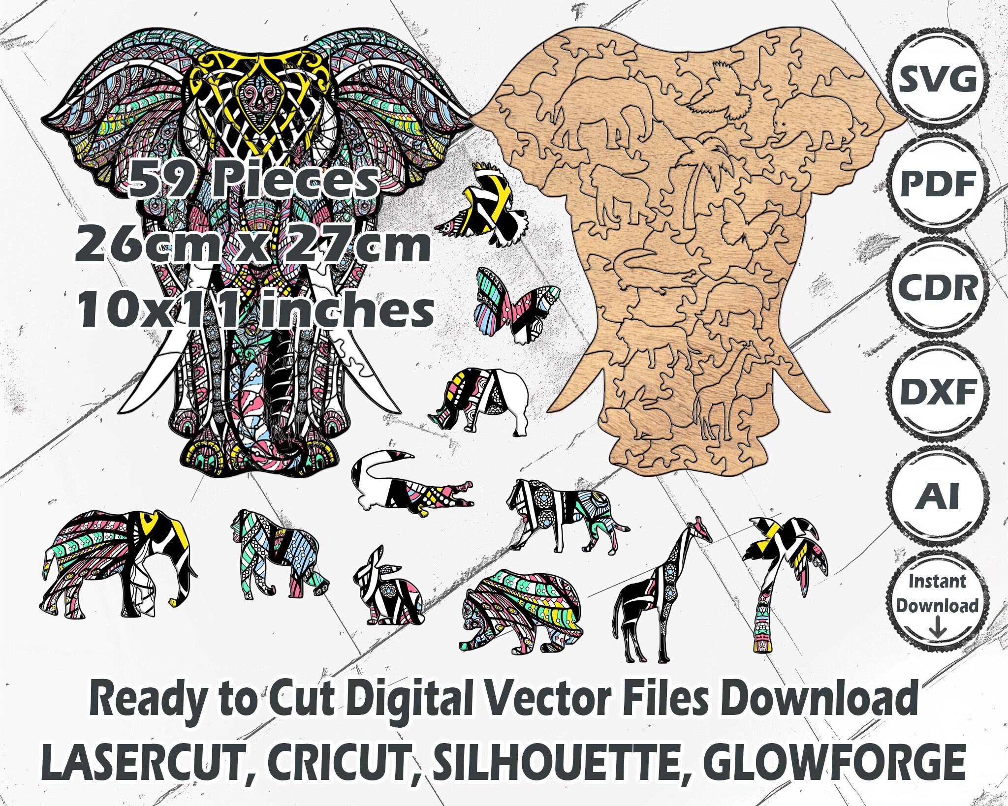 Unique Wooden Animal Jigsaw Puzzle Bundle, Puzzle Svg, Silhouette, CNC ...